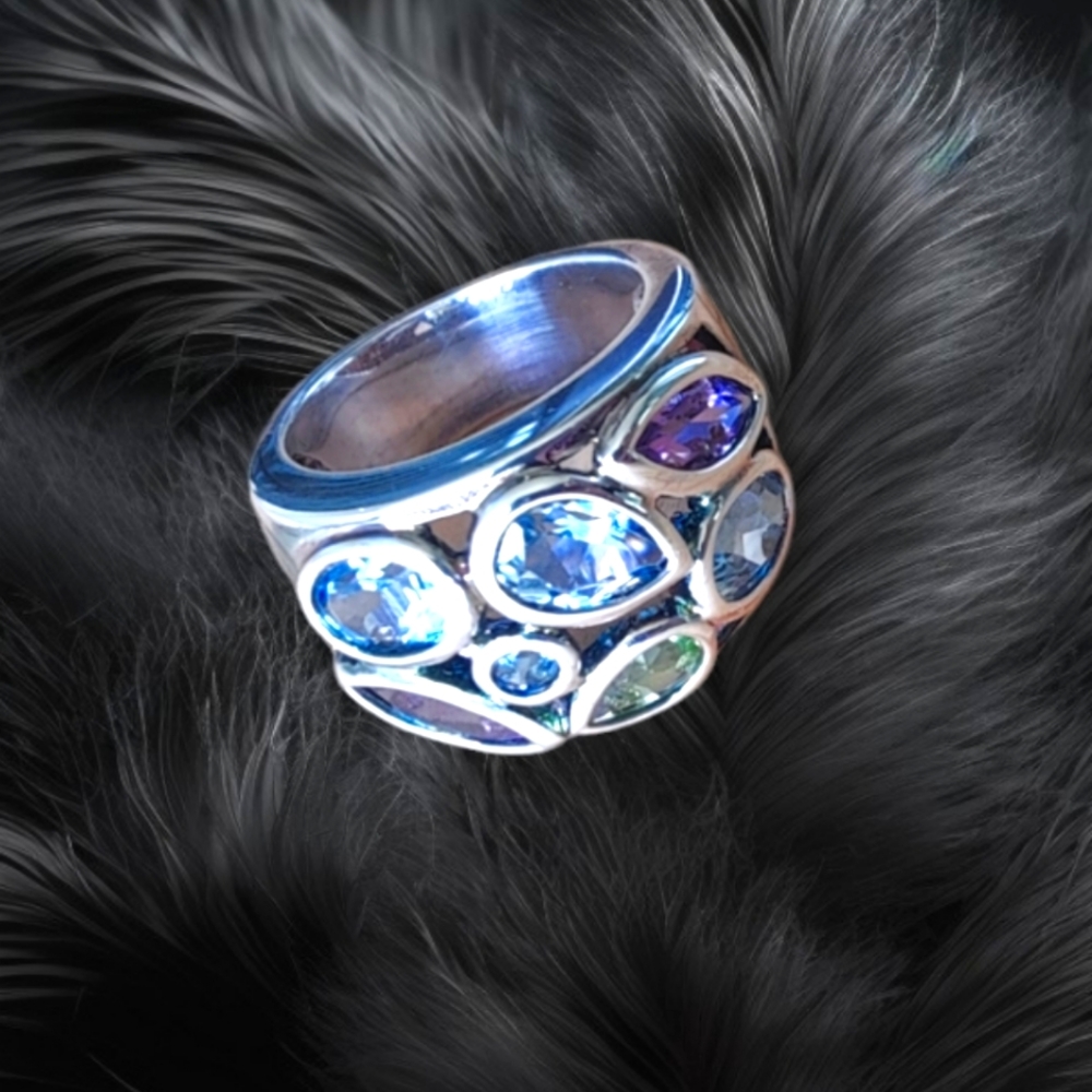 Rare Vintage Sterling Silver Multi Genuine Stones Ring - Gem